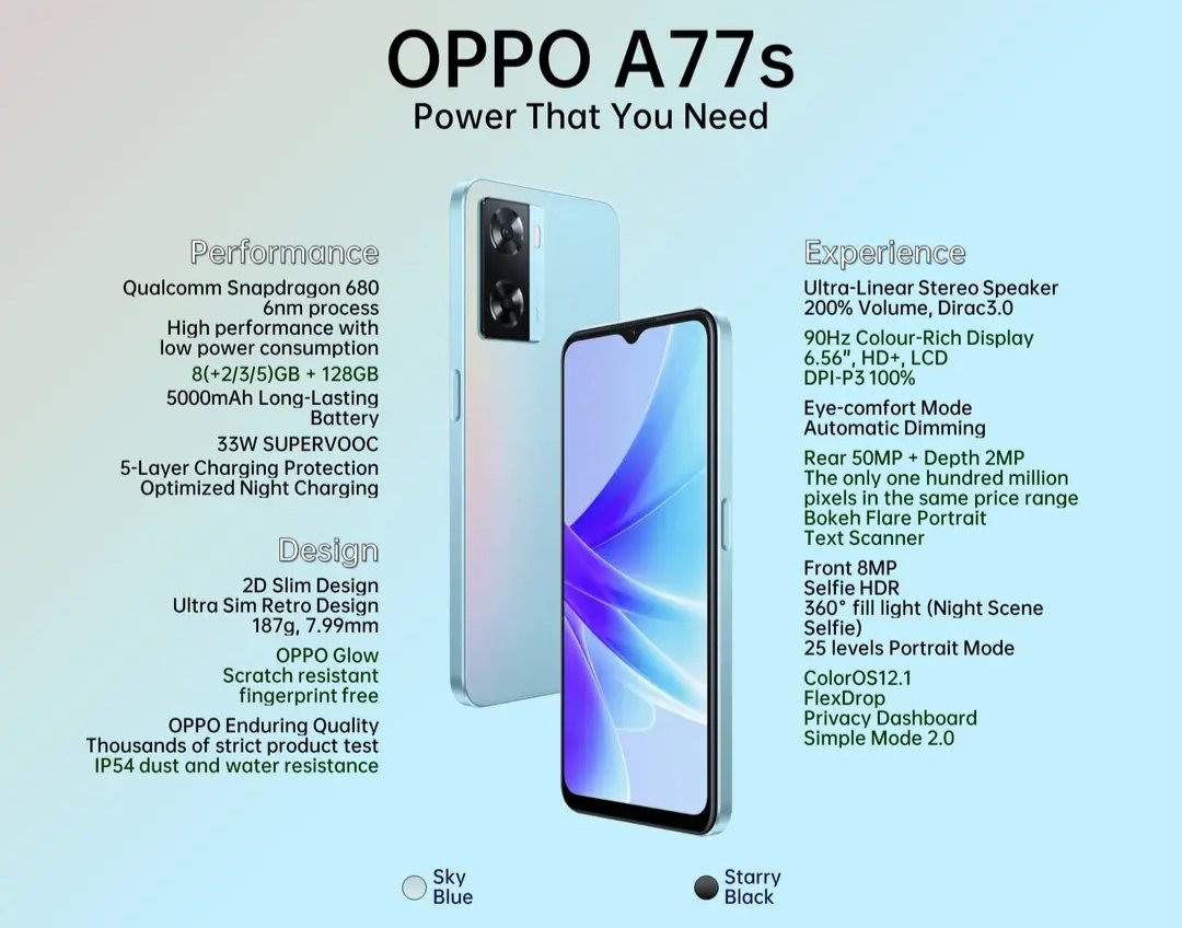 Rò rỉ thông số kỹ thuật đầy đủ của OPPO A77s với thiết kế cực bắt mắt