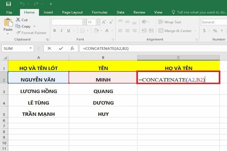 Cách dùng hàm CONCATENATE trong Excel có ví dụ chi tiết